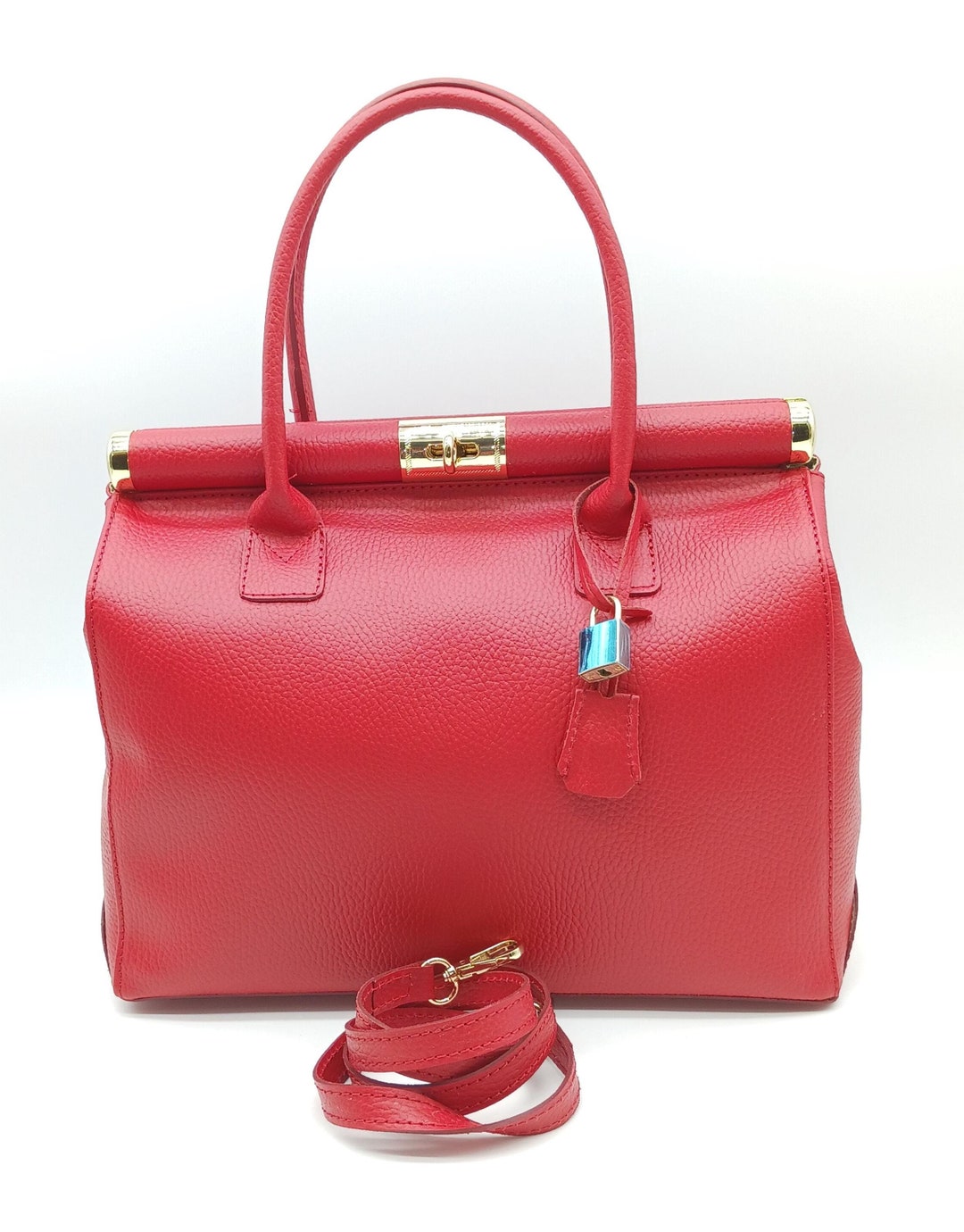 Italian Lock & Key Genuine Pebble Leather Handbag Satchel Red – Made in ...