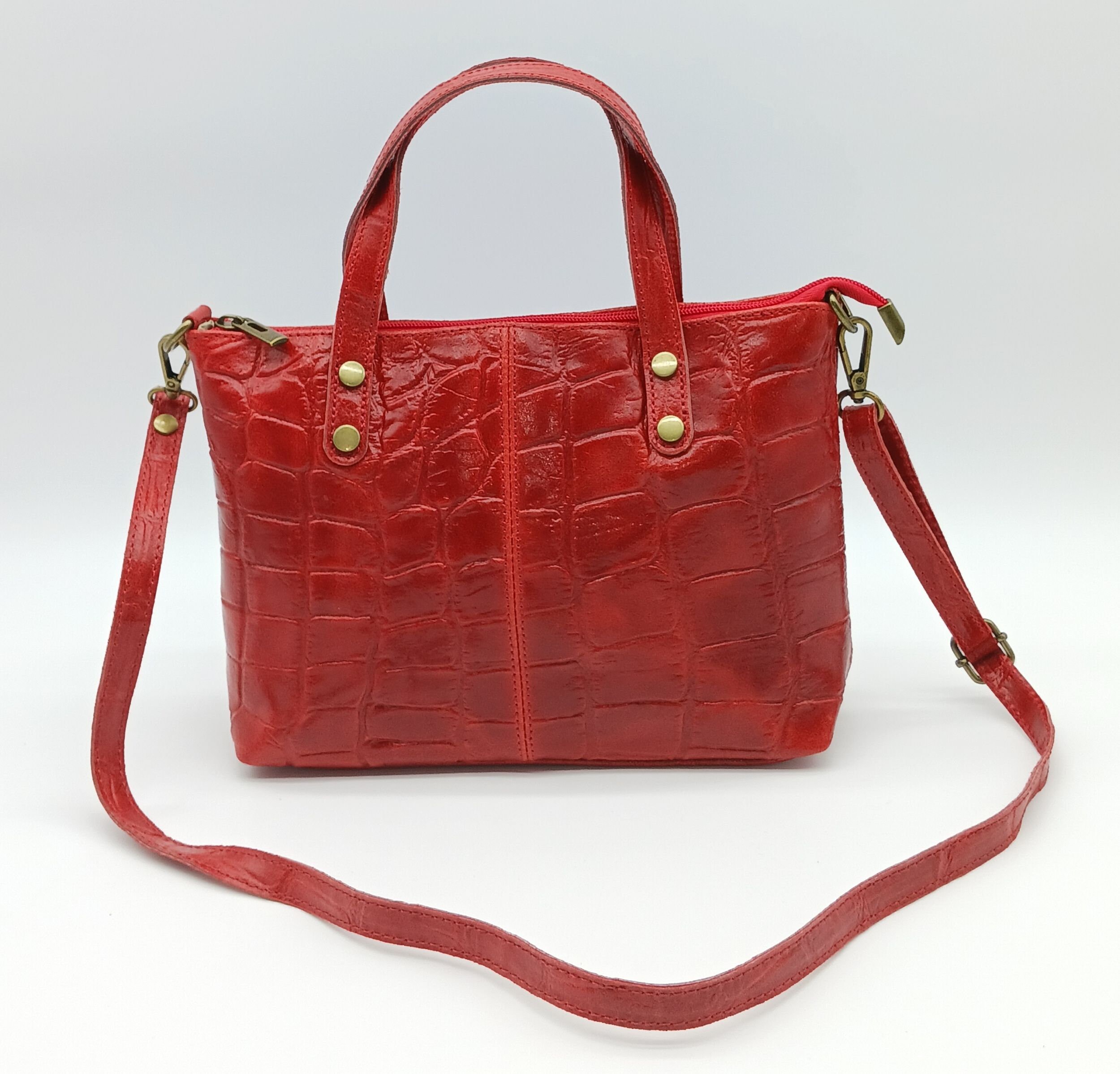 Italian Genuine Croc Embossed Leather Handbag Satchel Red Made in Italy ...
