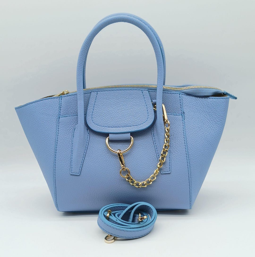 Italian Sky Blue Genuine Pebble Leather Satchel Shoulder Handbag – Made ...