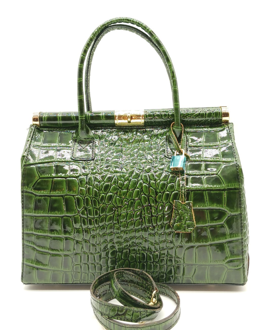 Italian Lock & Key Shiny Croc Embossed Genuine Leather Handbag Satchel ...