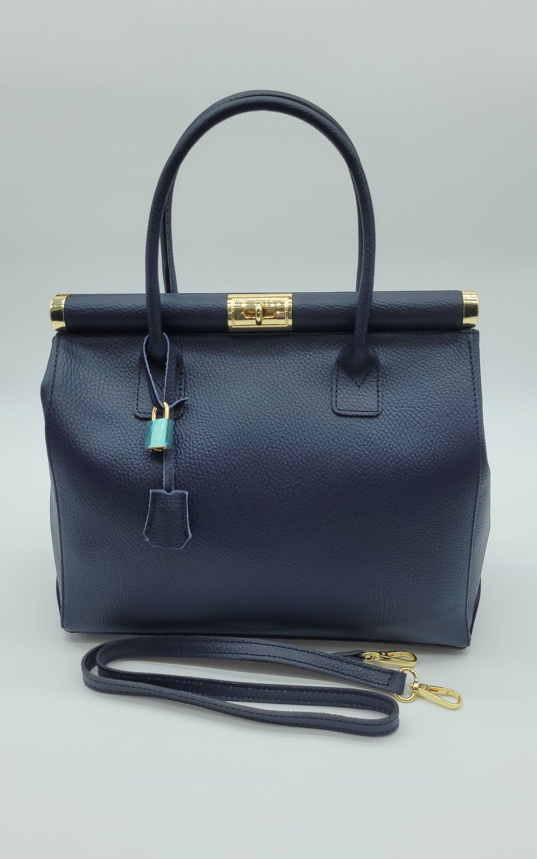 Italian Lock & Key Genuine Pebble Leather Handbag Satchel Blue - Etsy