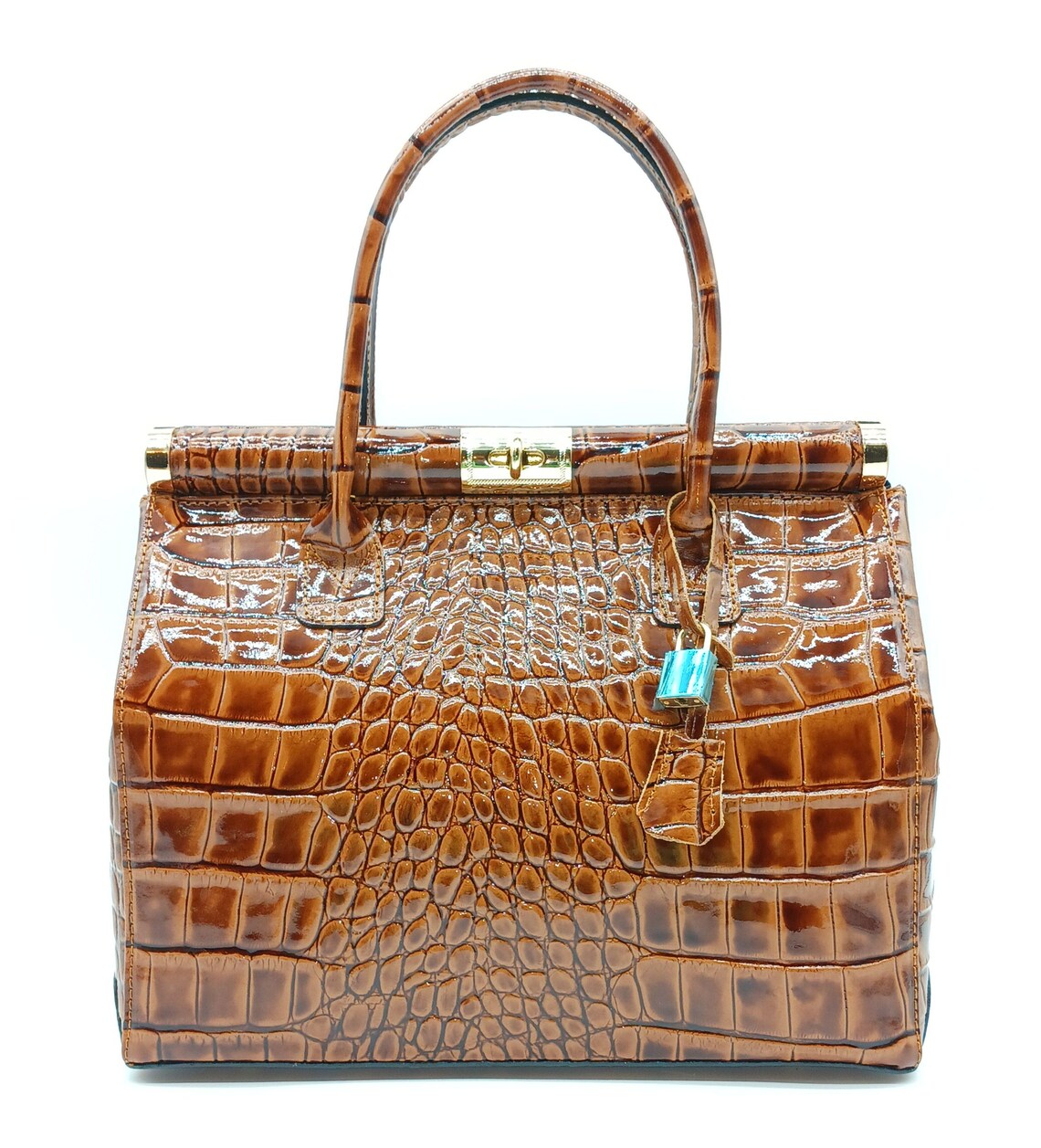 Italian Lock & Key Shiny Croc Embossed Genuine Leather Handbag Satchel ...