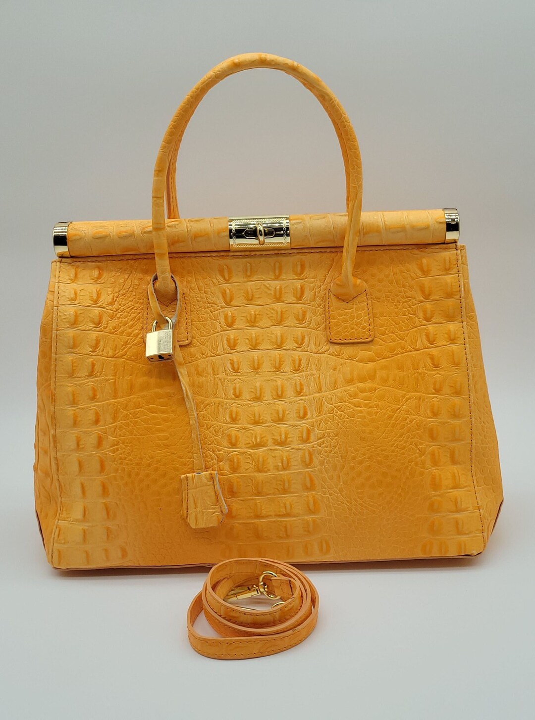 Italian Lock & Key Genuine Croc Embossed Leather Handbag Satchel Orange ...