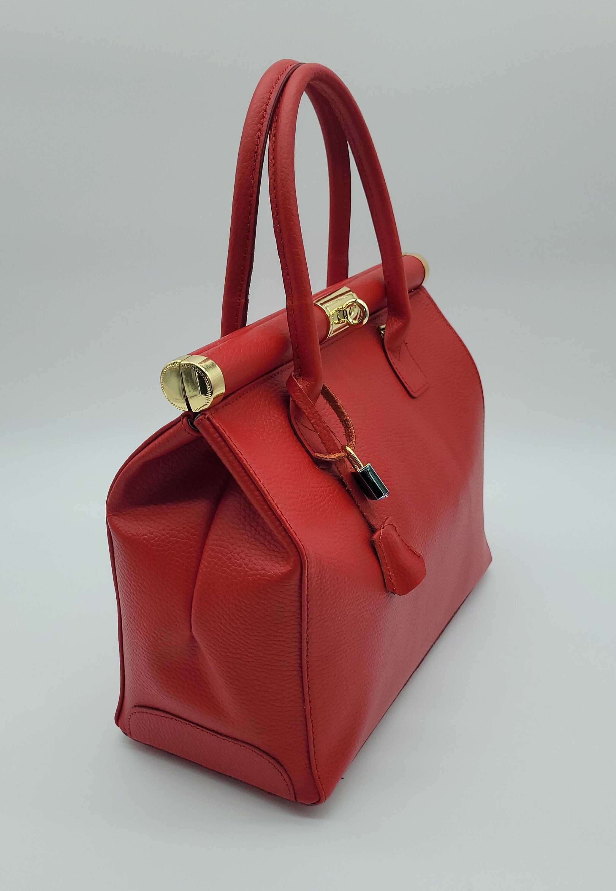 Italian Lock & Key Genuine Pebble Leather Handbag Satchel Red Made in ...