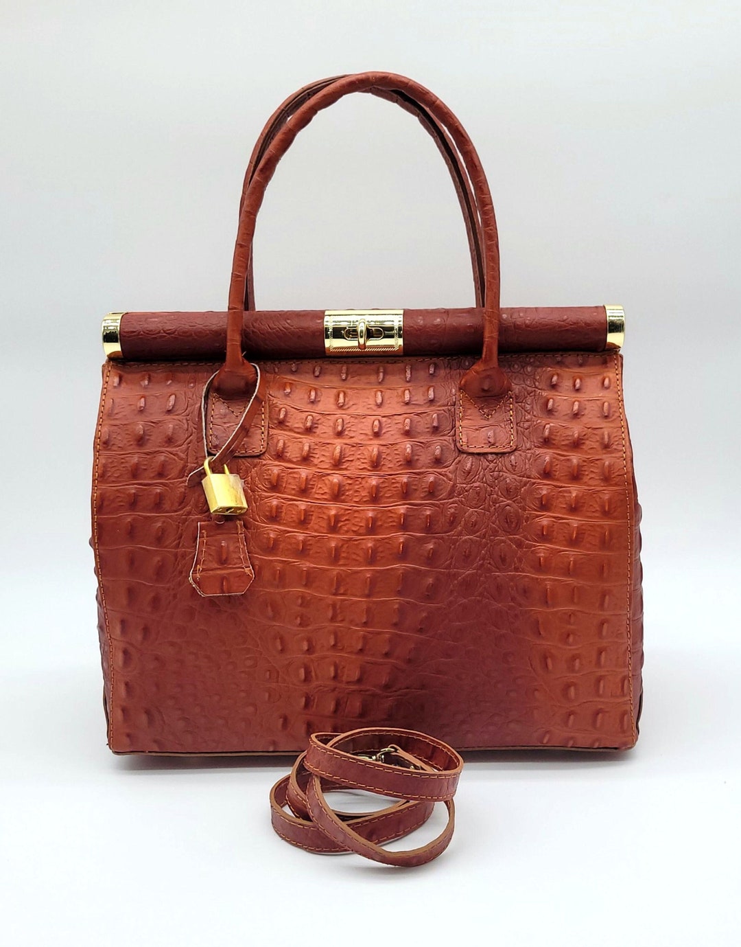 Italian Lock & Key Genuine Croc Embossed Leather Handbag Satchel Rust ...