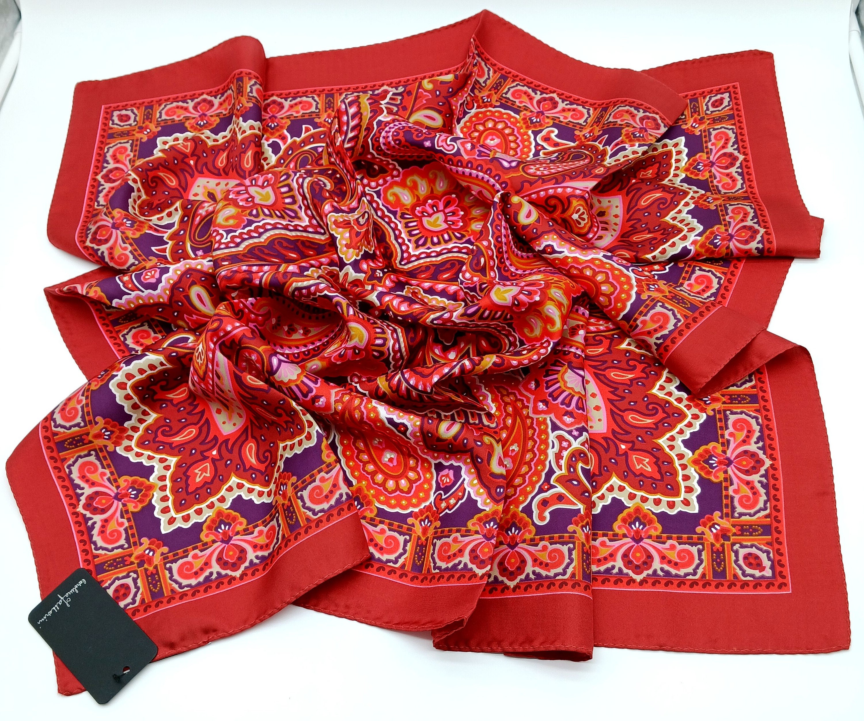 Italian Designer Red Paisley Silk Twill Scarf 35x35 – Made in Italy - Etsy