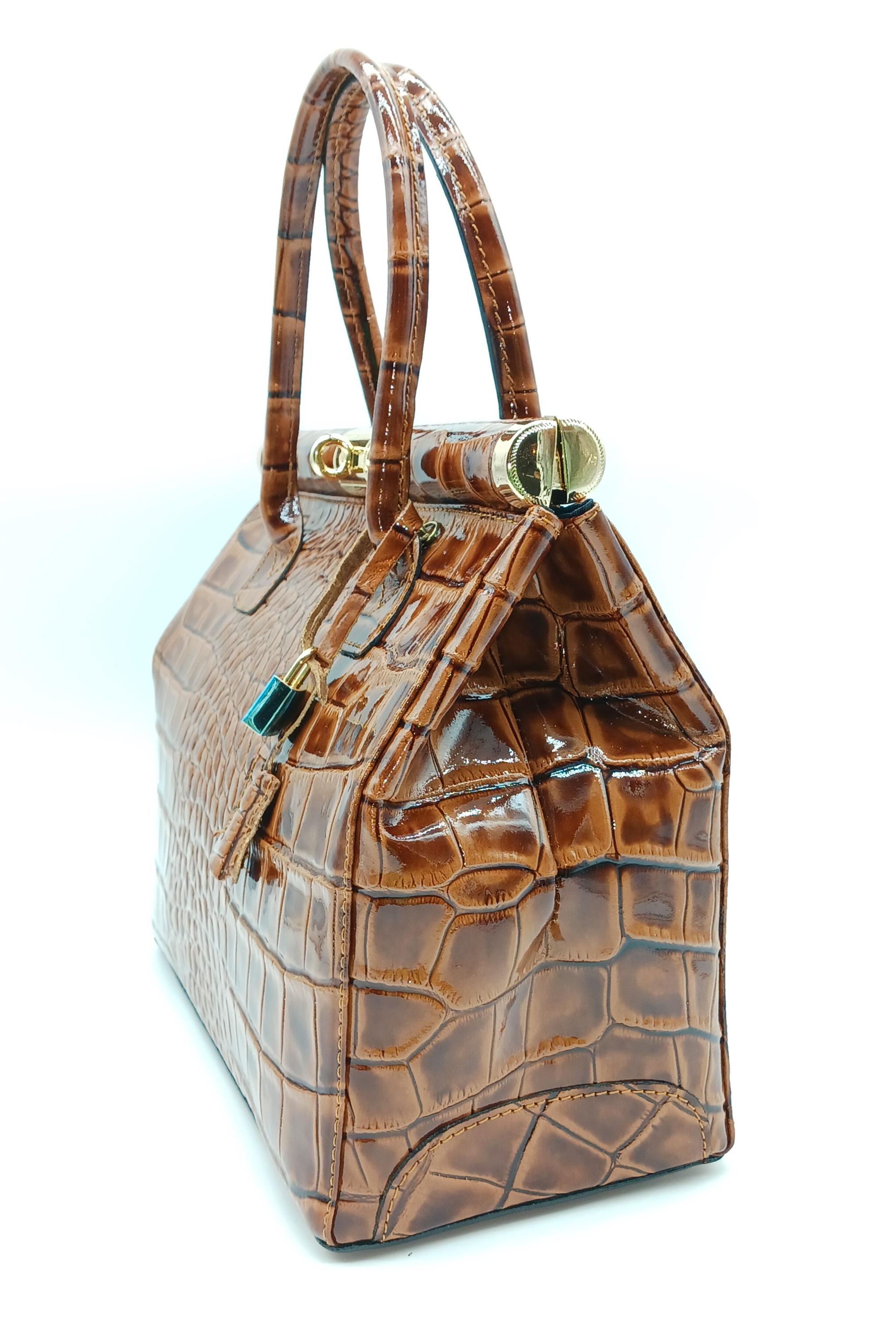 Italian Lock & Key Shiny Croc Embossed Genuine Leather Handbag Satchel ...