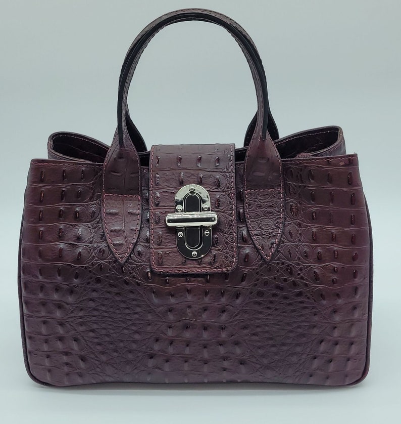 Italian Genuine Leather Croc Embossed Satchel Handbag Bordeaux – Made ...