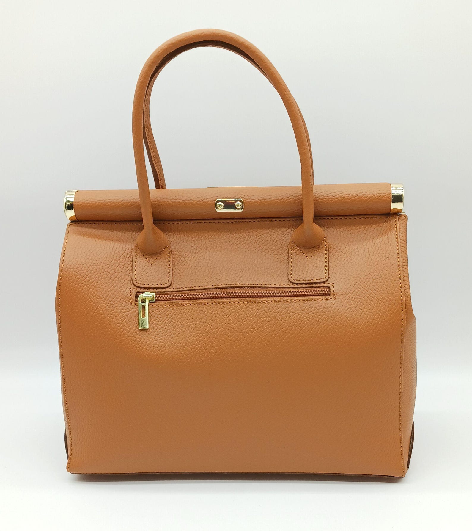 Italian Lock & Key Genuine Pebble Leather Handbag Satchel Cognac Brown ...