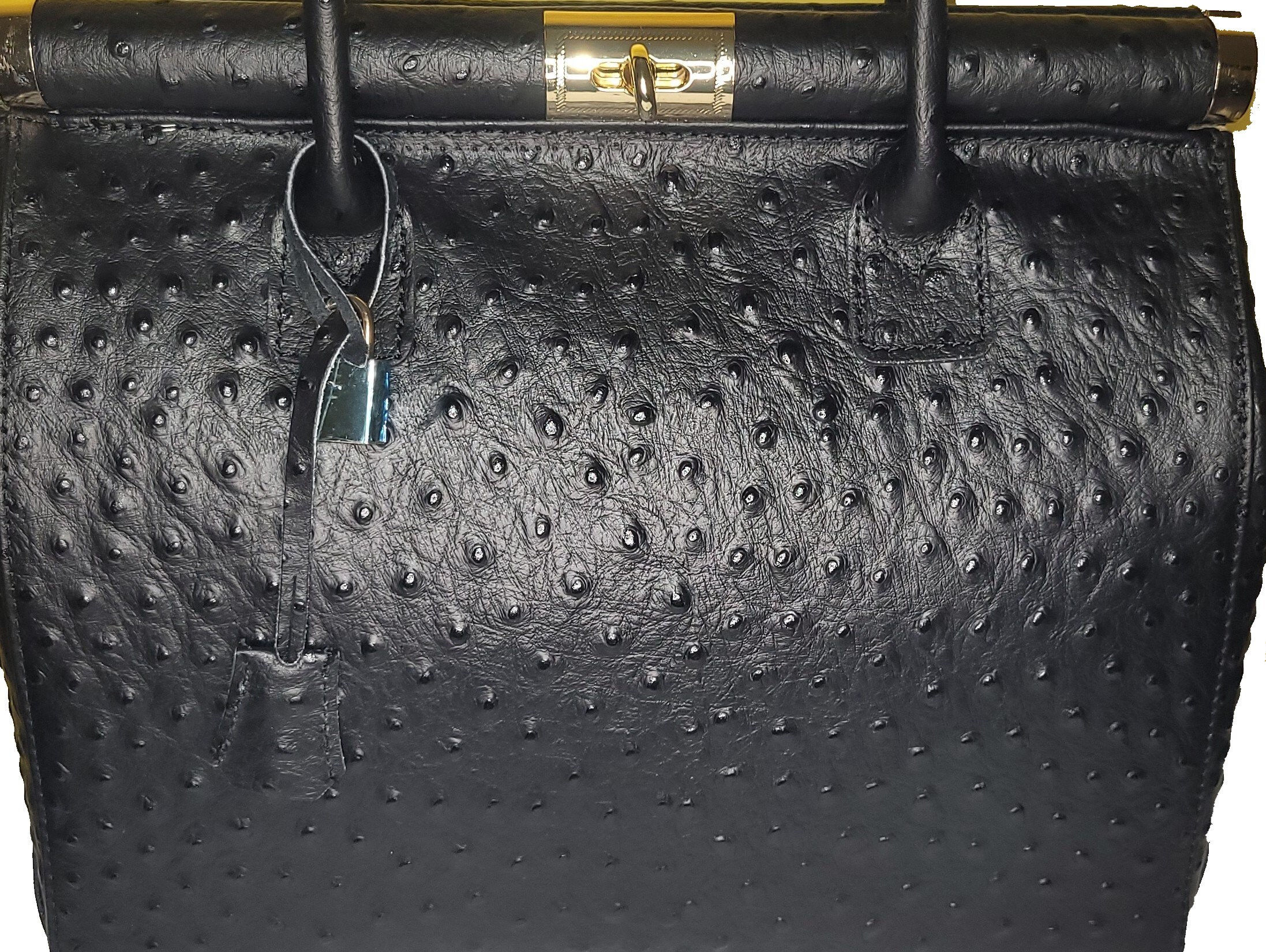 Italian Lock & Key Genuine Ostrich Embossed Leather Handbag Satchel ...