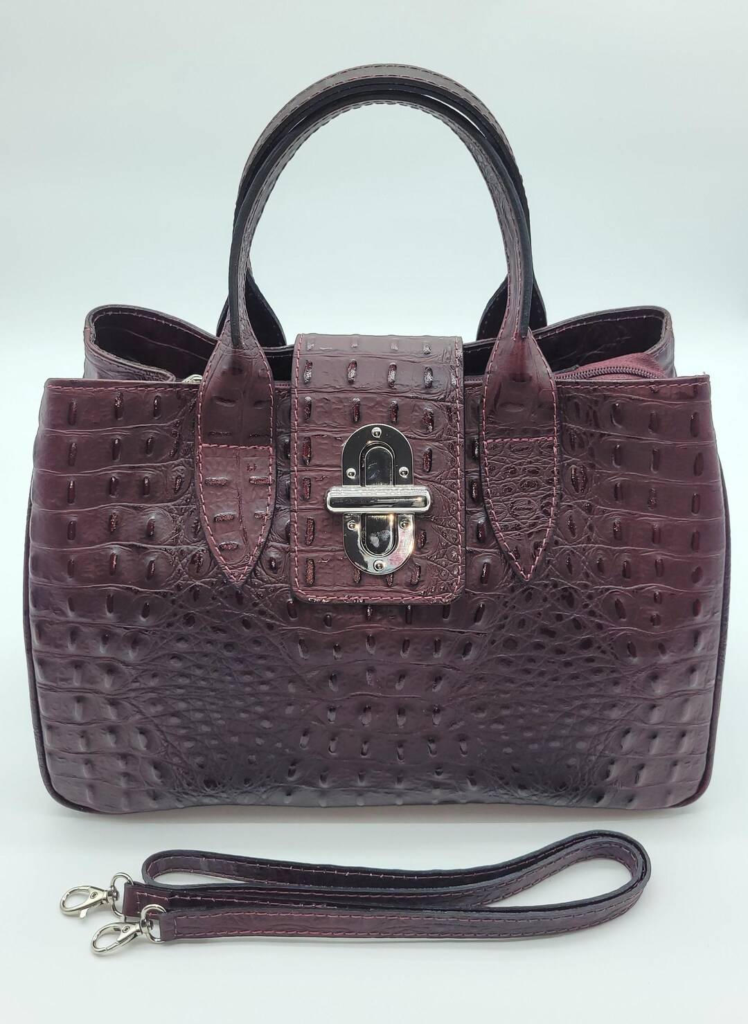 Italian Genuine Leather Croc Embossed Satchel Handbag Bordeaux – Made ...