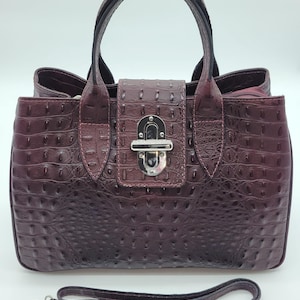 Italian Genuine Leather Croc Embossed Satchel Handbag Bordeaux – Made ...