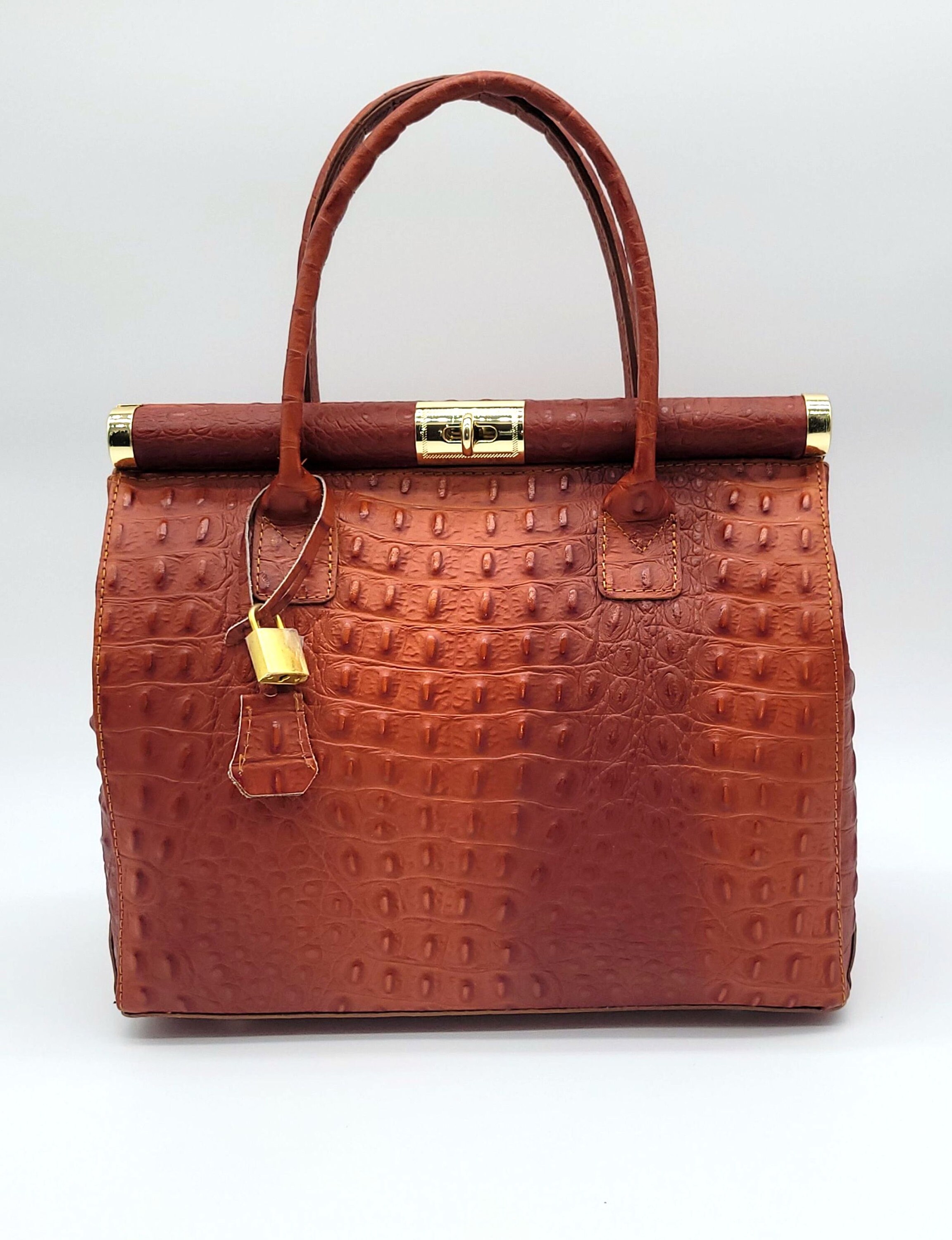 Italian Lock & Key Genuine Croc Embossed Leather Handbag Satchel Rust ...