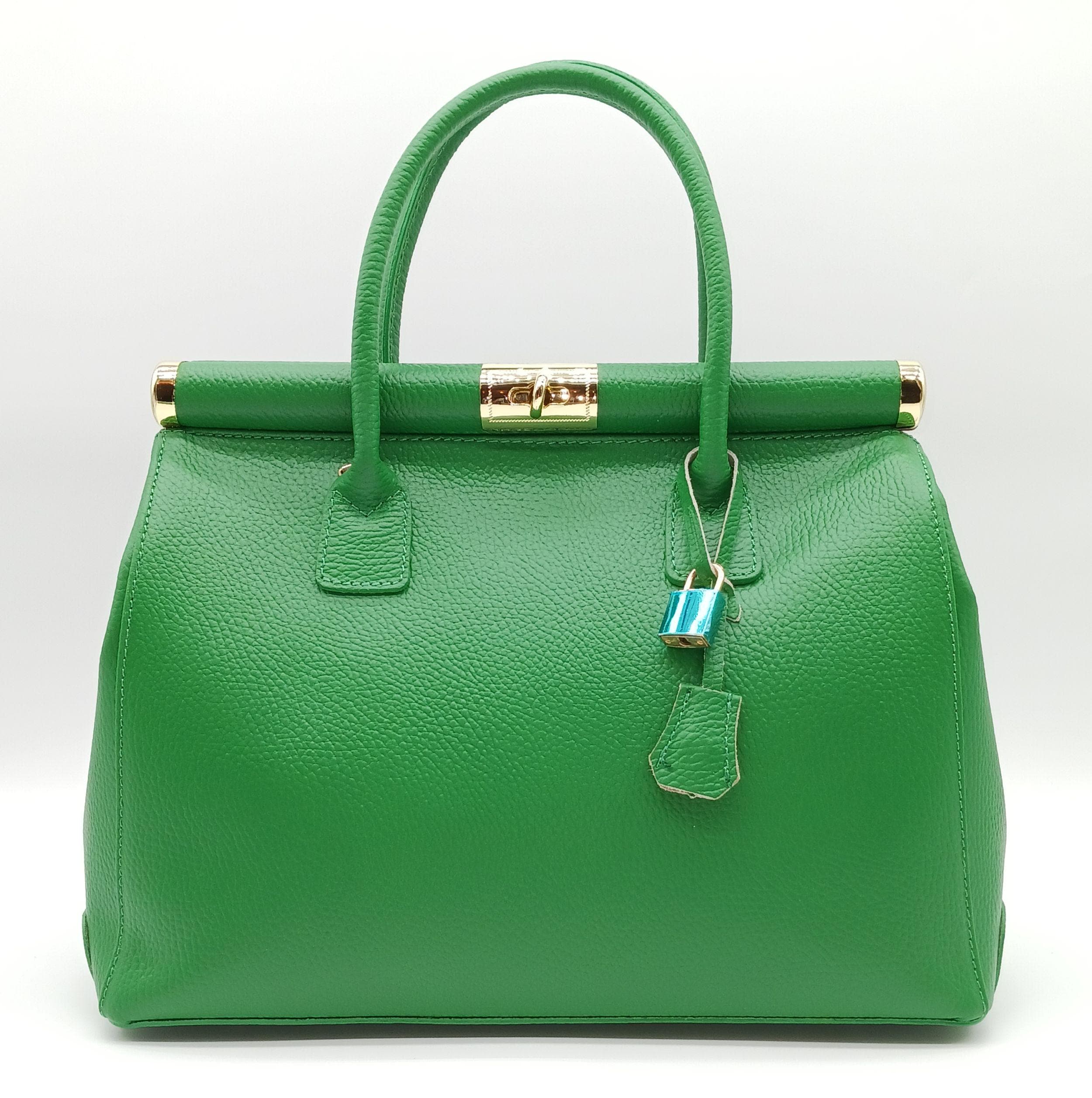 Italian Lock & Key Genuine Pebble Leather Handbag Satchel Green – Made ...