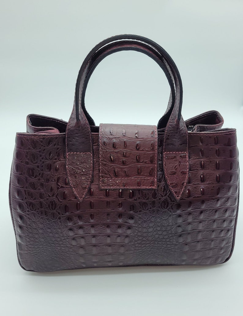 Italian Genuine Leather Croc Embossed Satchel Handbag Bordeaux – Made ...