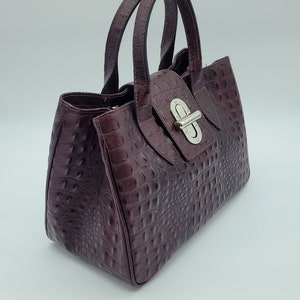 Italian Genuine Leather Croc Embossed Satchel Handbag Bordeaux – Made ...