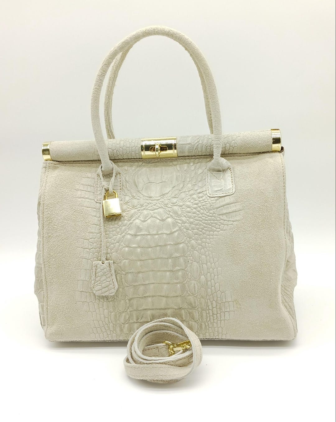 Italian Lock & Key Genuine Croc Embossed Leather Suede Handbag Satchel ...