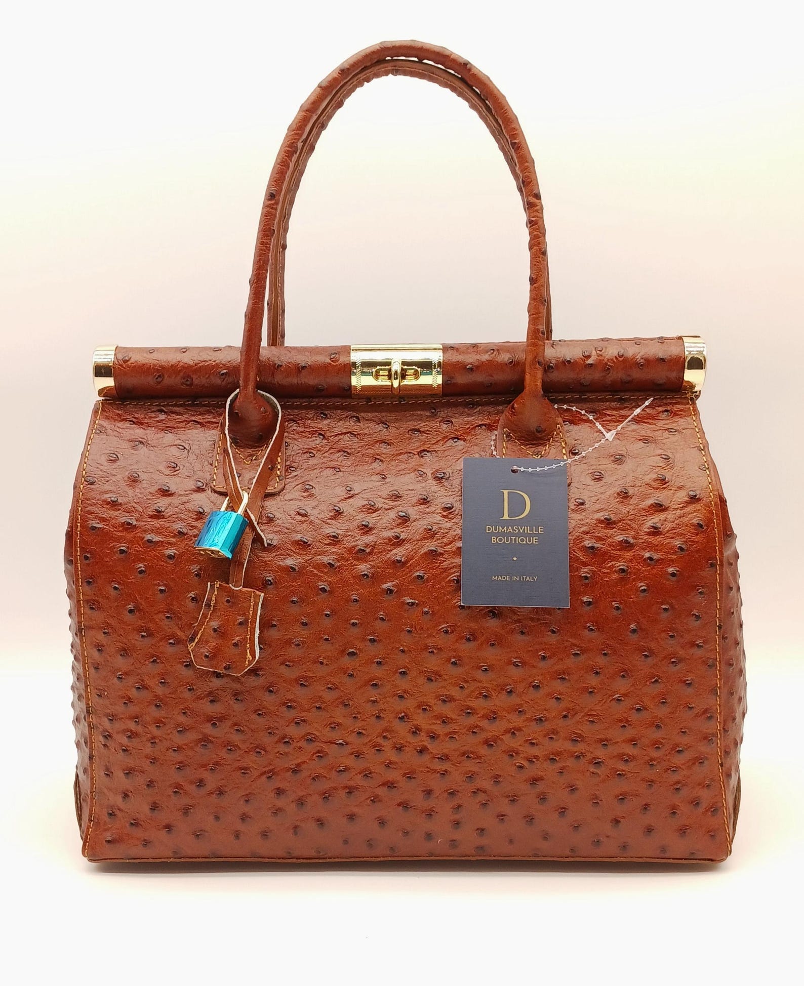 Italian Lock & Key Genuine Ostrich Embossed Leather Handbag Satchel ...