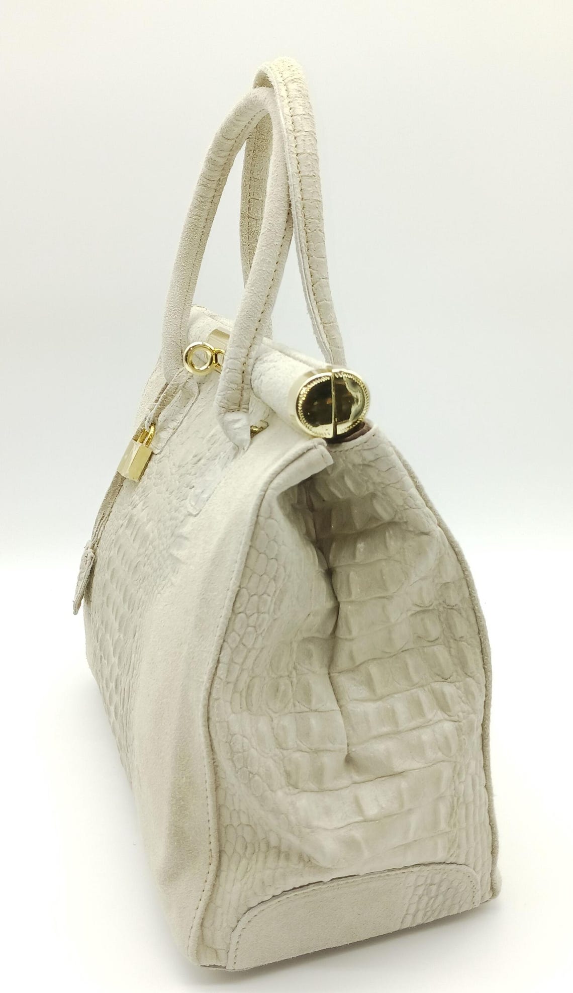 Italian Lock & Key Genuine Croc Embossed Leather Suede Handbag Satchel ...
