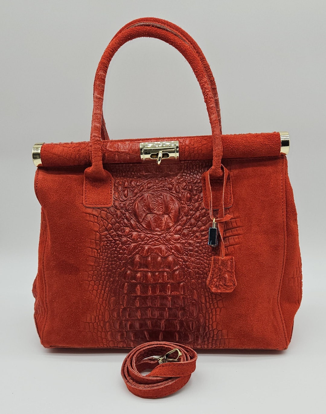 Italian Lock & Key Genuine Croc Embossed Leather Suede Handbag Satchel ...