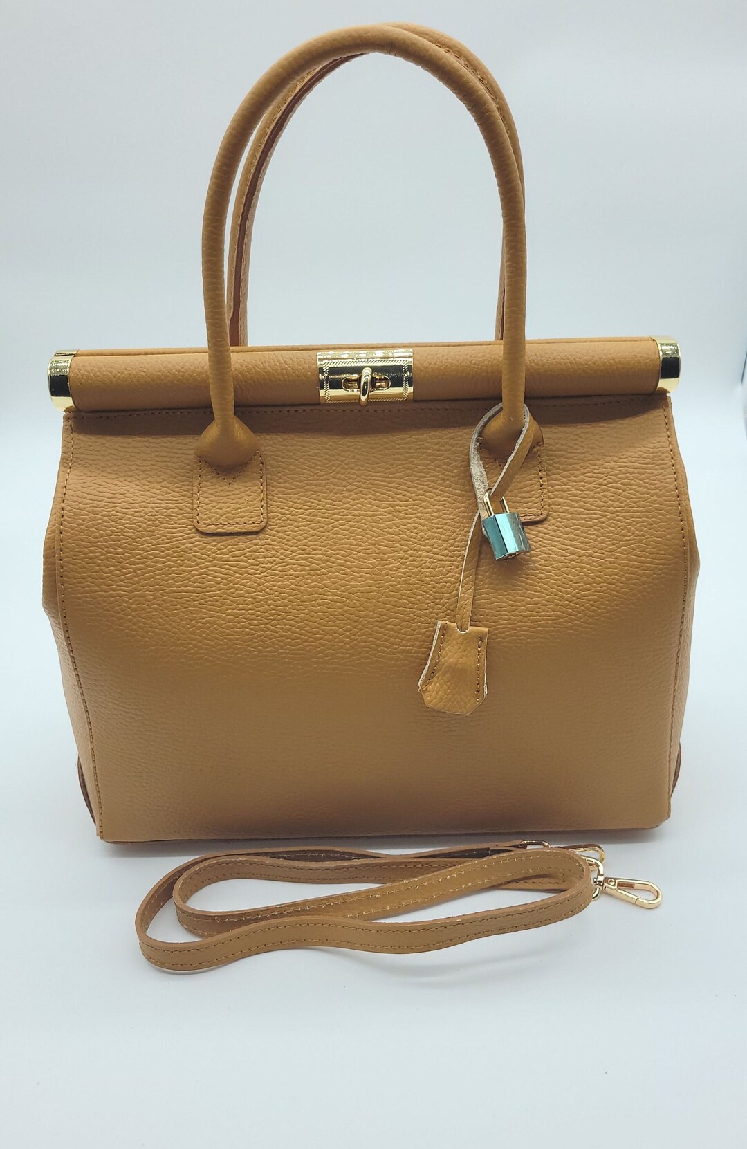 Italian Lock & Key Genuine Pebble Leather Handbag Satchel Cognac Brown ...