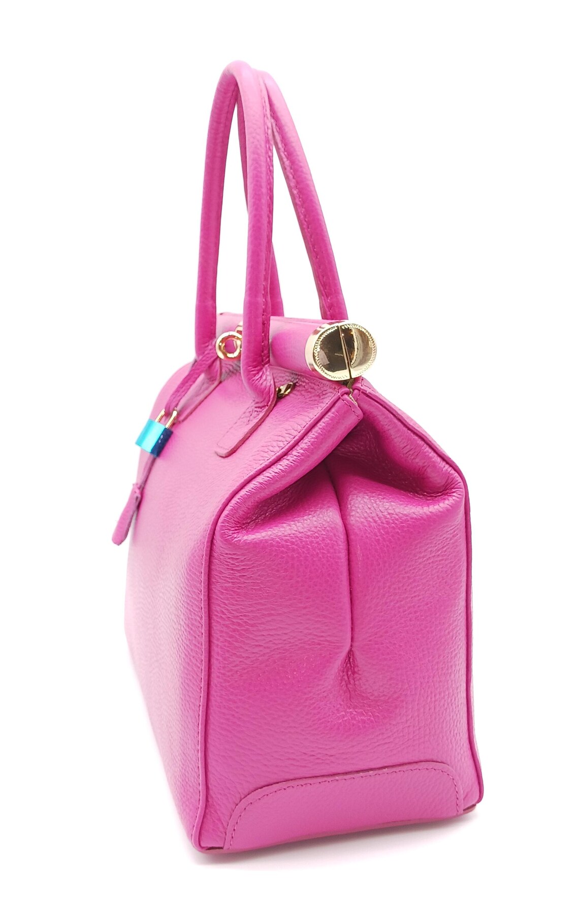 Italian Lock & Key Genuine Pebble Leather Handbag Satchel Fuchsia ...