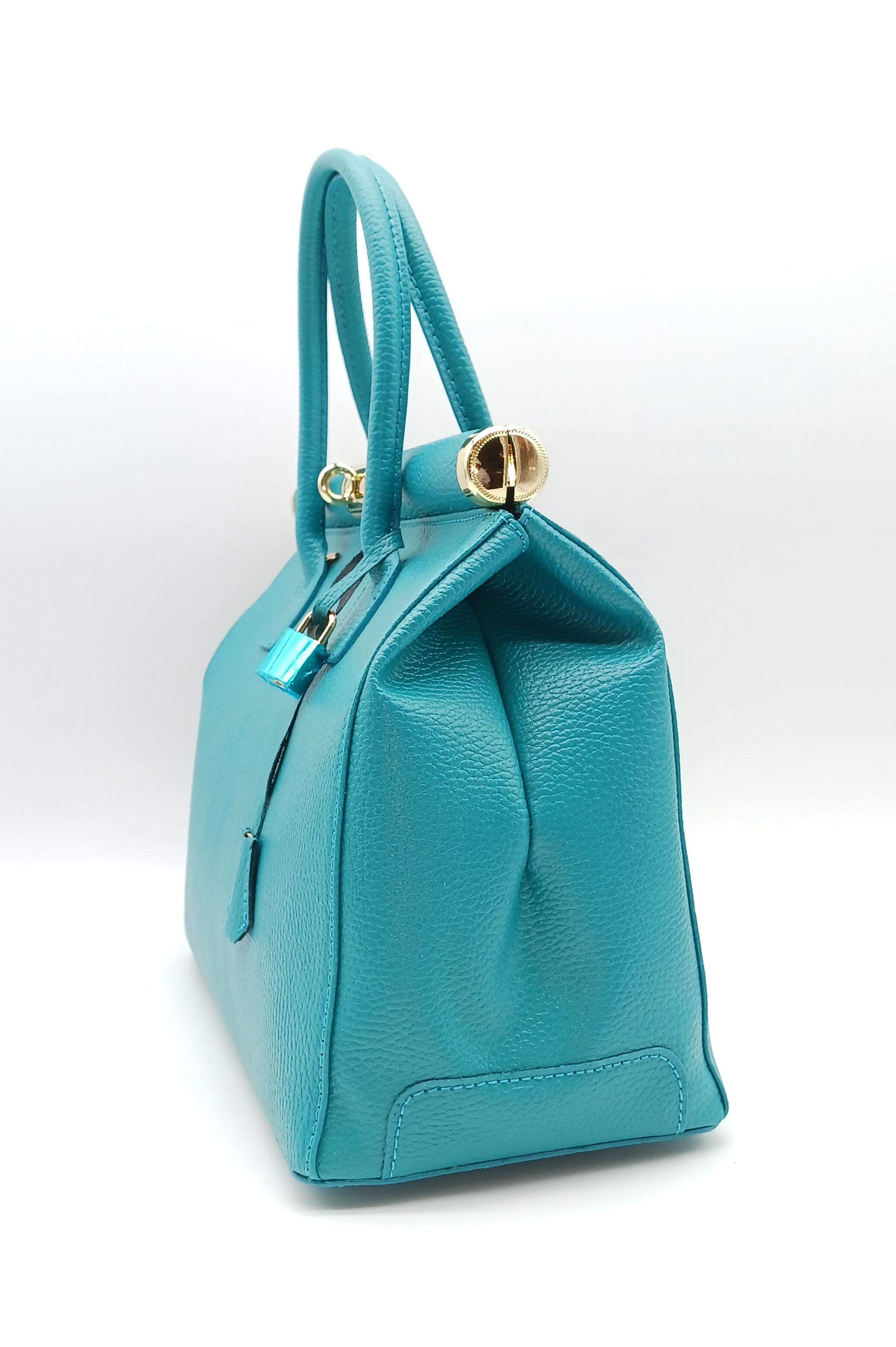 Turquoise Italian Lock & Key Genuine Pebble Leather Handbag Satchel ...