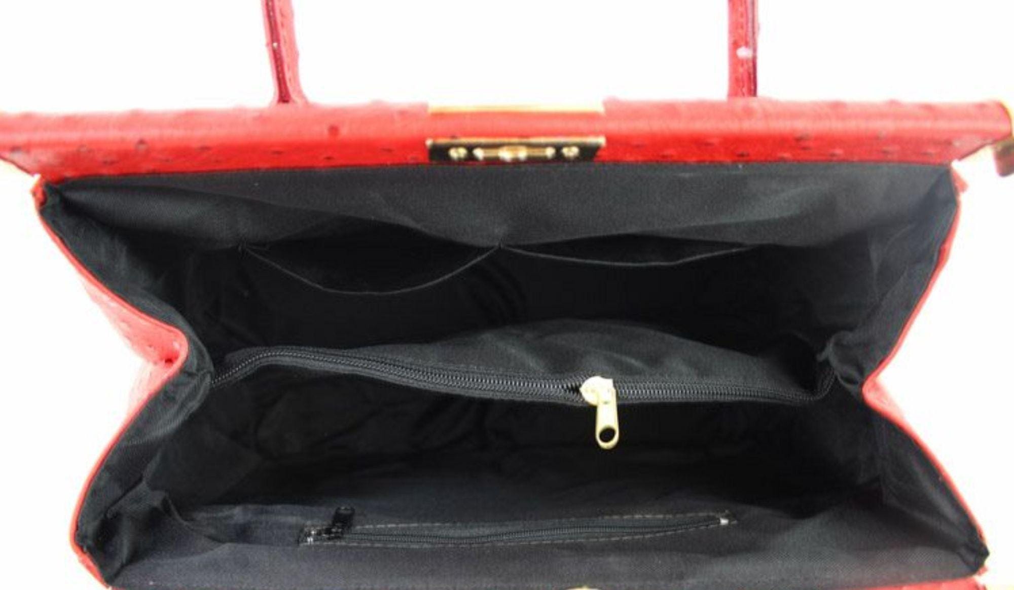 Italian Lock & Key Genuine Ostrich Embossed Leather Handbag Satchel ...