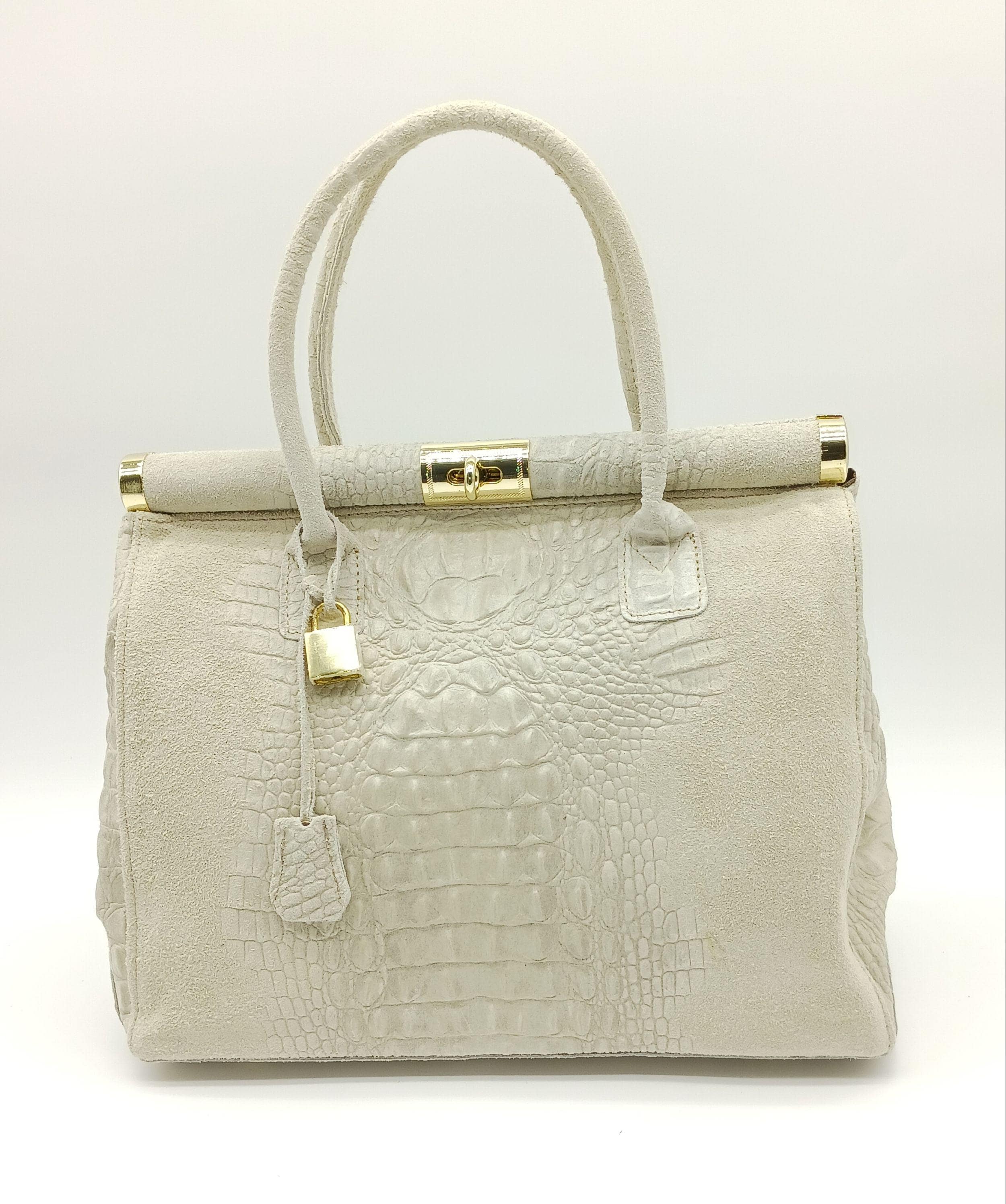 Italian Lock & Key Genuine Croc Embossed Leather Suede Handbag Satchel ...