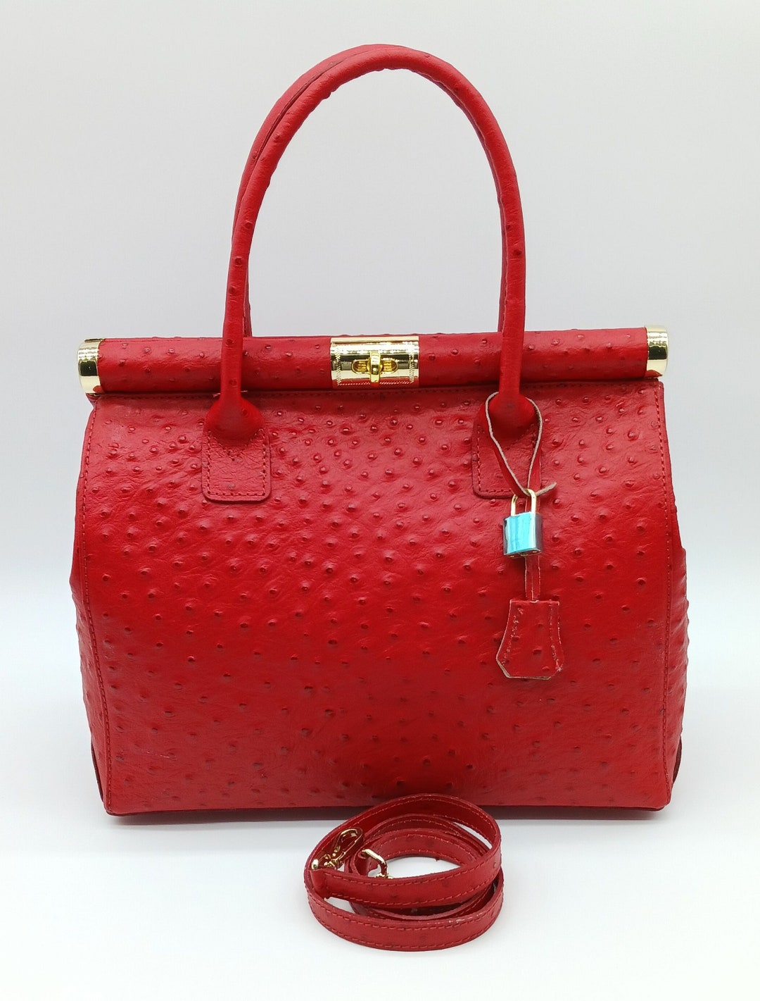 Italian Lock & Key Genuine Ostrich Embossed Leather Handbag Satchel Red ...