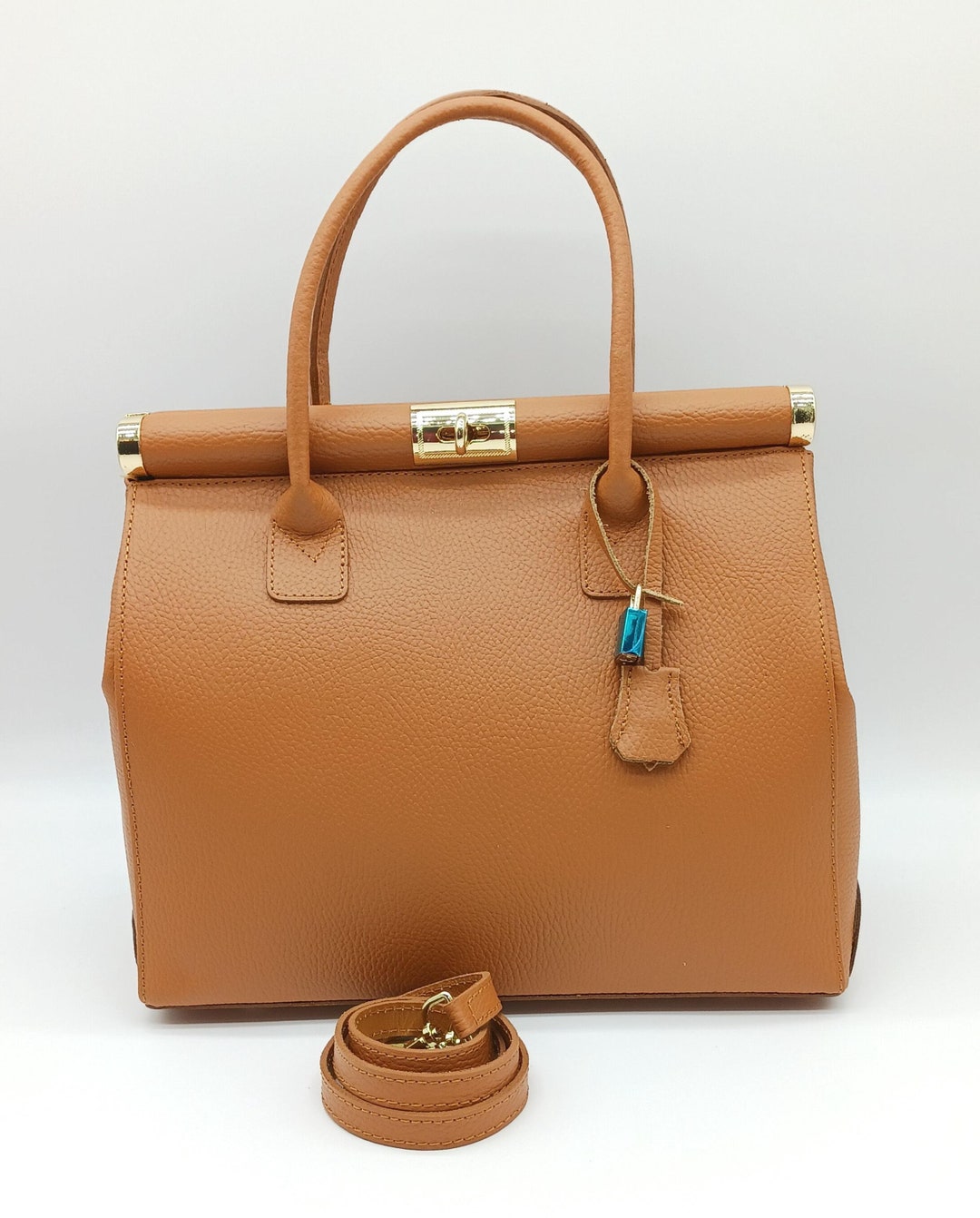 Italian Lock & Key Genuine Pebble Leather Handbag Satchel Cognac Brown ...
