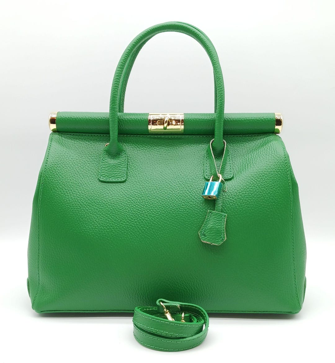 Italian Lock & Key Genuine Pebble Leather Handbag Satchel Green – Made ...