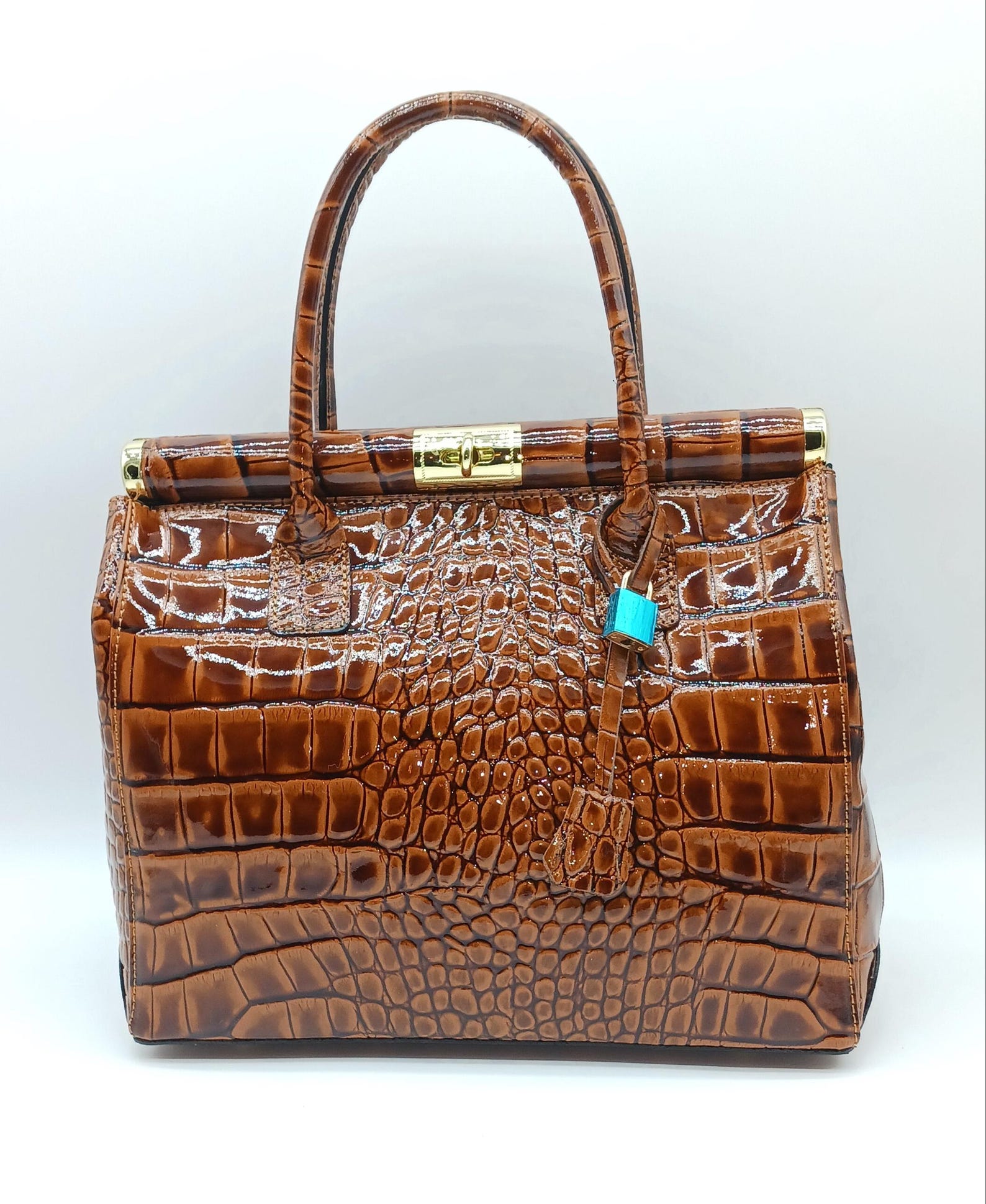 Italian Lock & Key Shiny Croc Embossed Genuine Leather Handbag Satchel ...