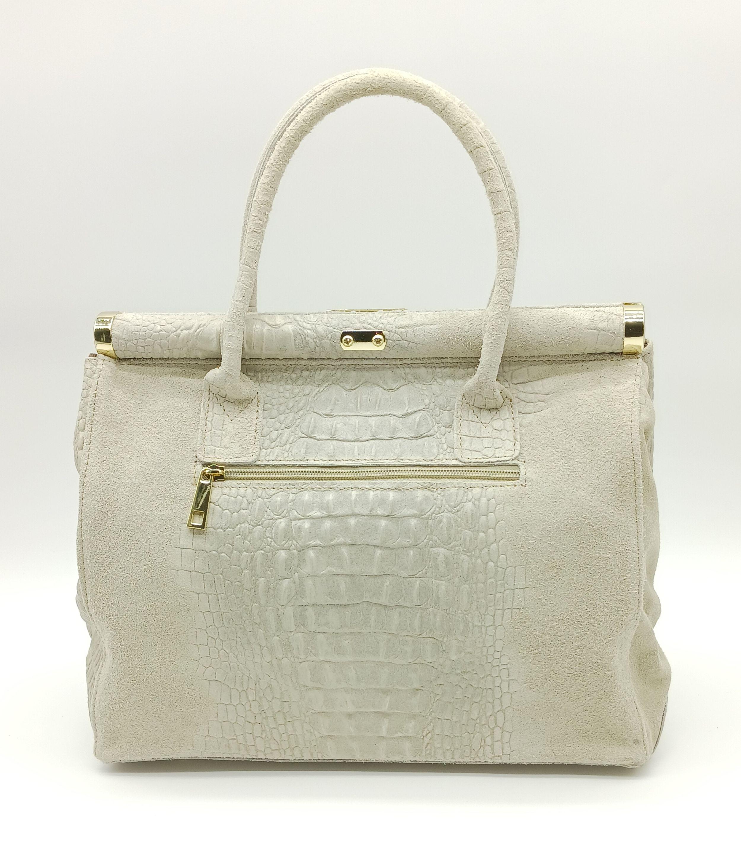 Italian Lock & Key Genuine Croc Embossed Leather Suede Handbag Satchel ...