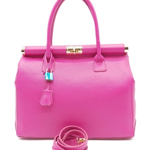 Italian Lock & Key Genuine Pebble Leather Handbag Satchel Fuchsia ...