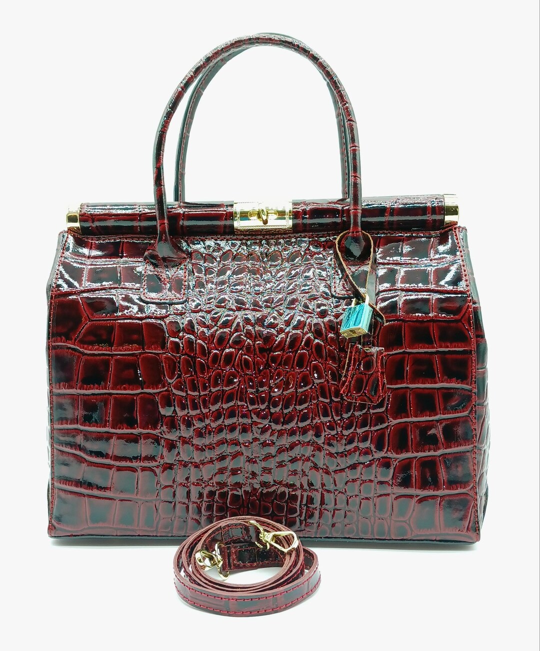 Italian Lock & Key Shiny Croc Embossed Genuine Leather Handbag Satchel ...
