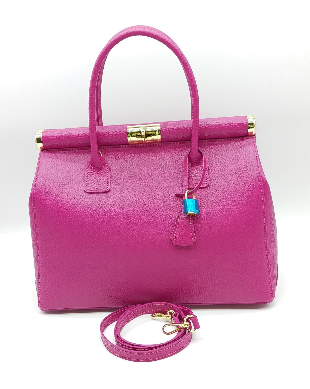 Italian Lock & Key Genuine Pebble Leather Handbag Satchel Fuchsia ...