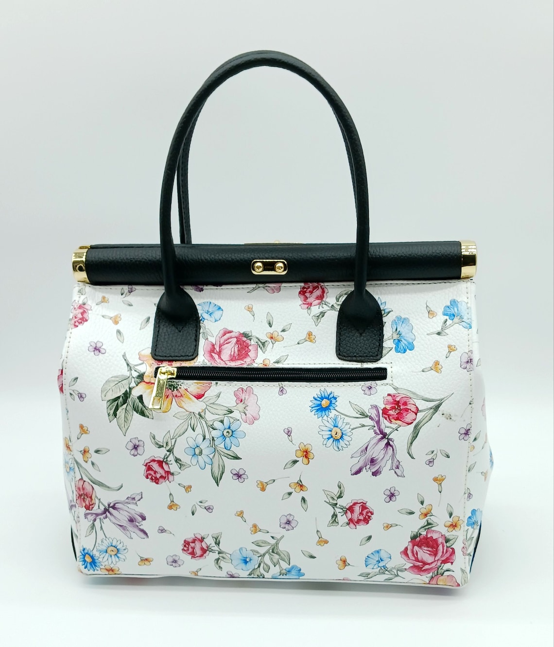 Italian Lock & Key Genuine Pebble Leather White Black Floral Handbag ...
