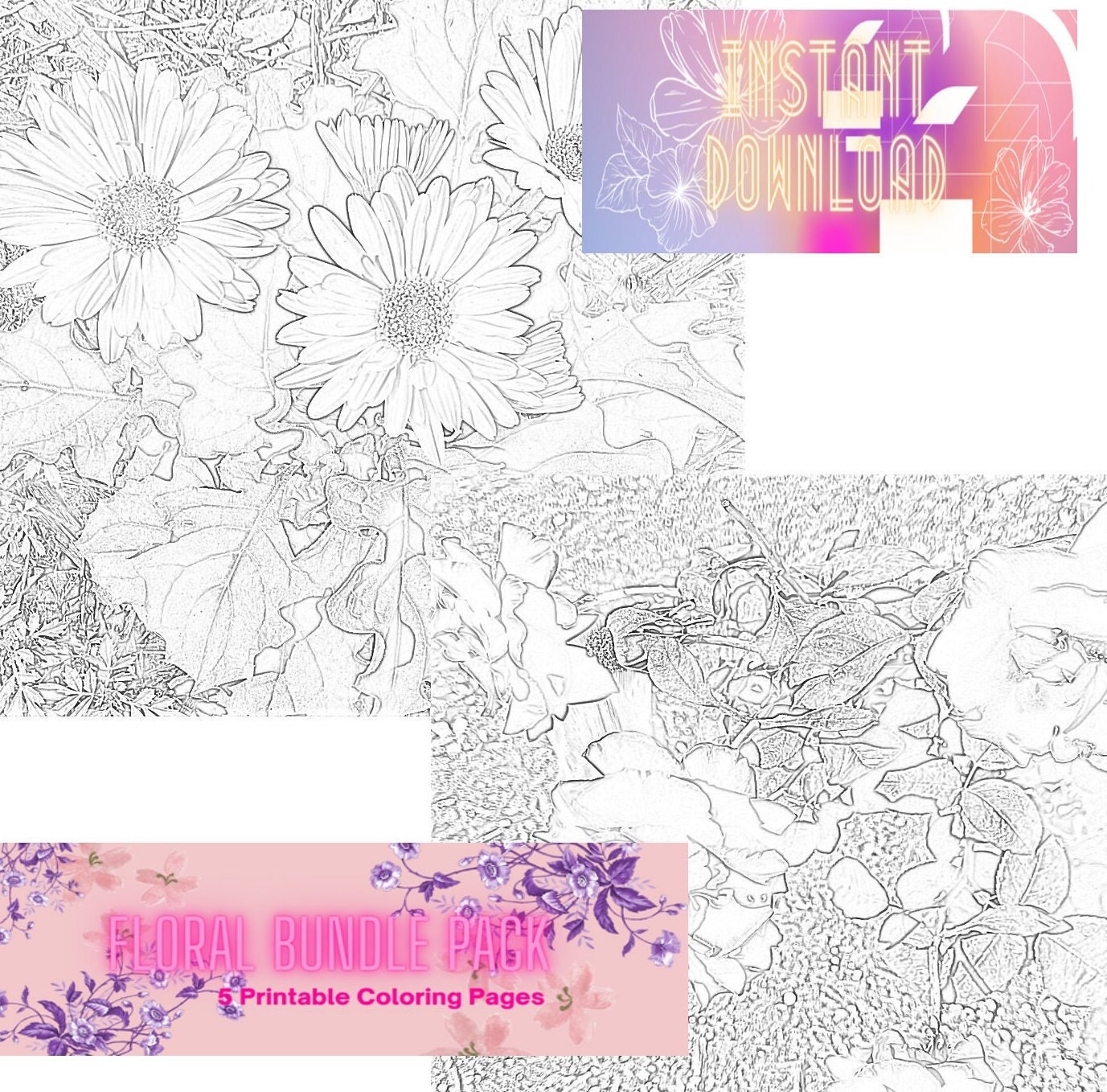 5 Pack | Negative Space Flower Coloring Pages | Adult Coloring for ...