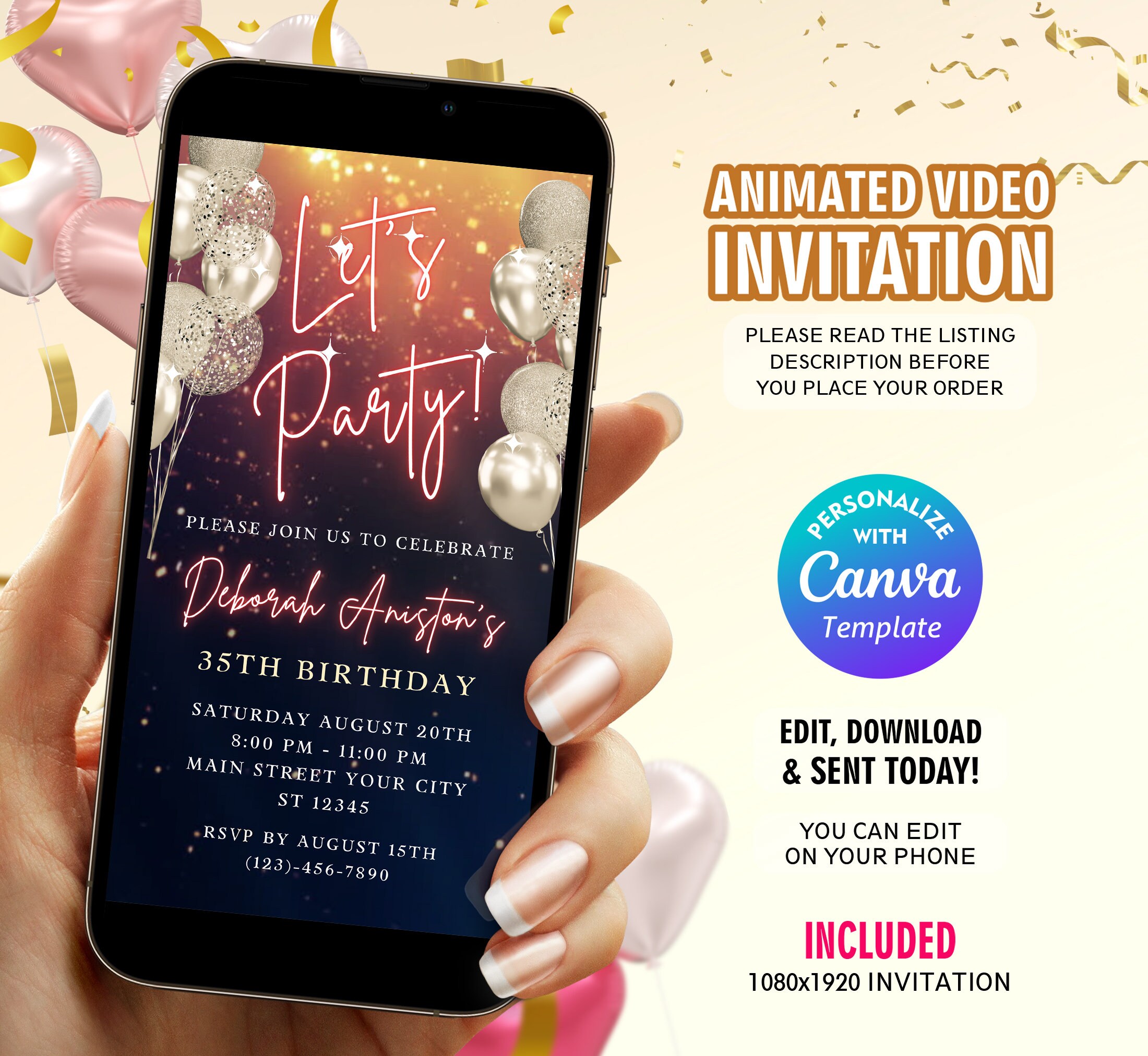 Digital Birthday Party Invitation, Phone Evite, Navy Gold Glitter Video ...