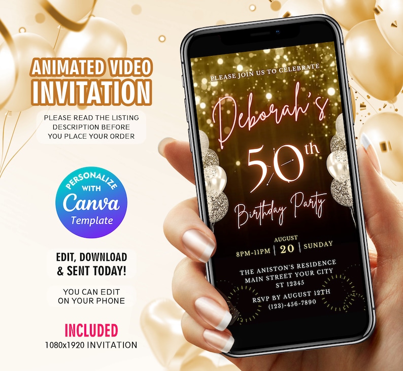 Digital Birthday Party Invitation, Birthday Dinner Phone Invite, Gold ...