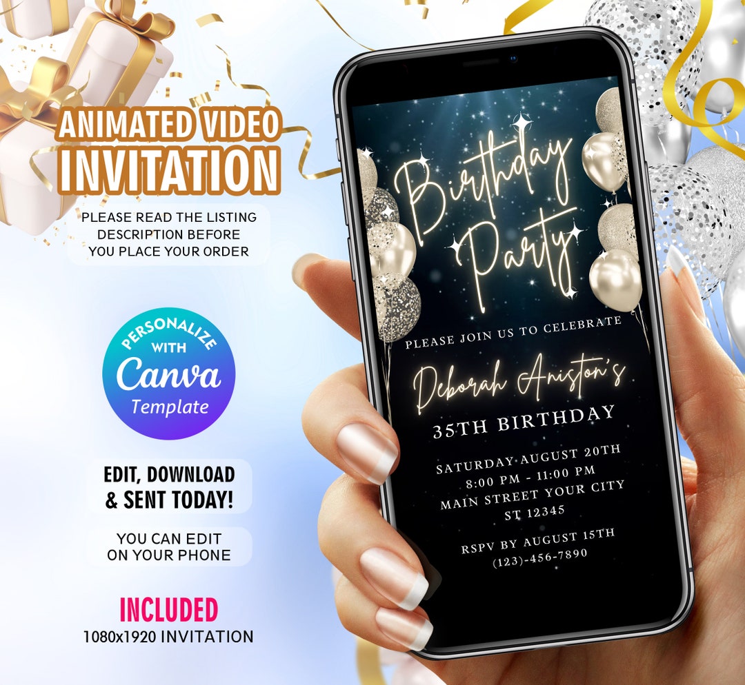 Digital Birthday Invitation Template, Electronic Birthday Invite Black ...