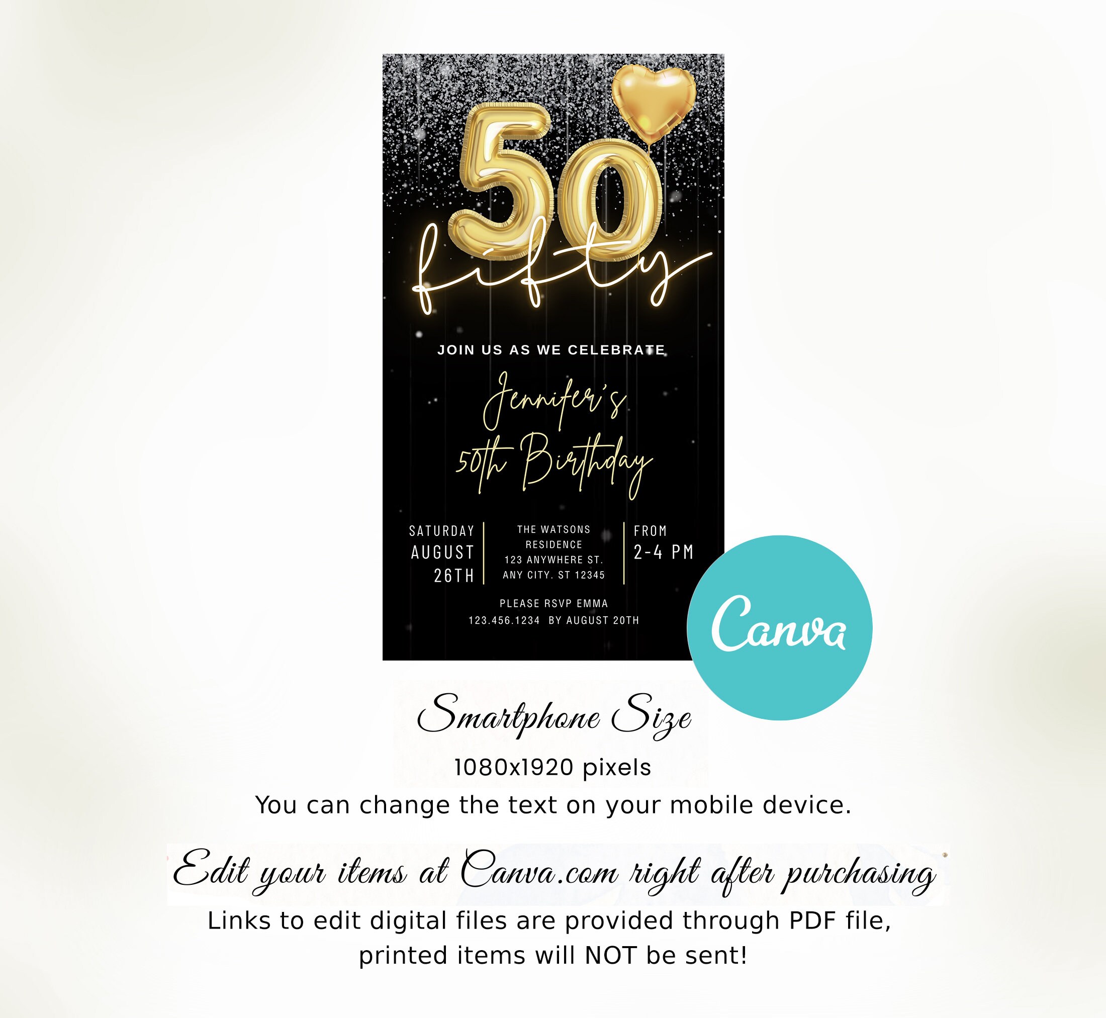 Electronic 50th Birthday Invitation, Digital Dinner Invitation, Black ...
