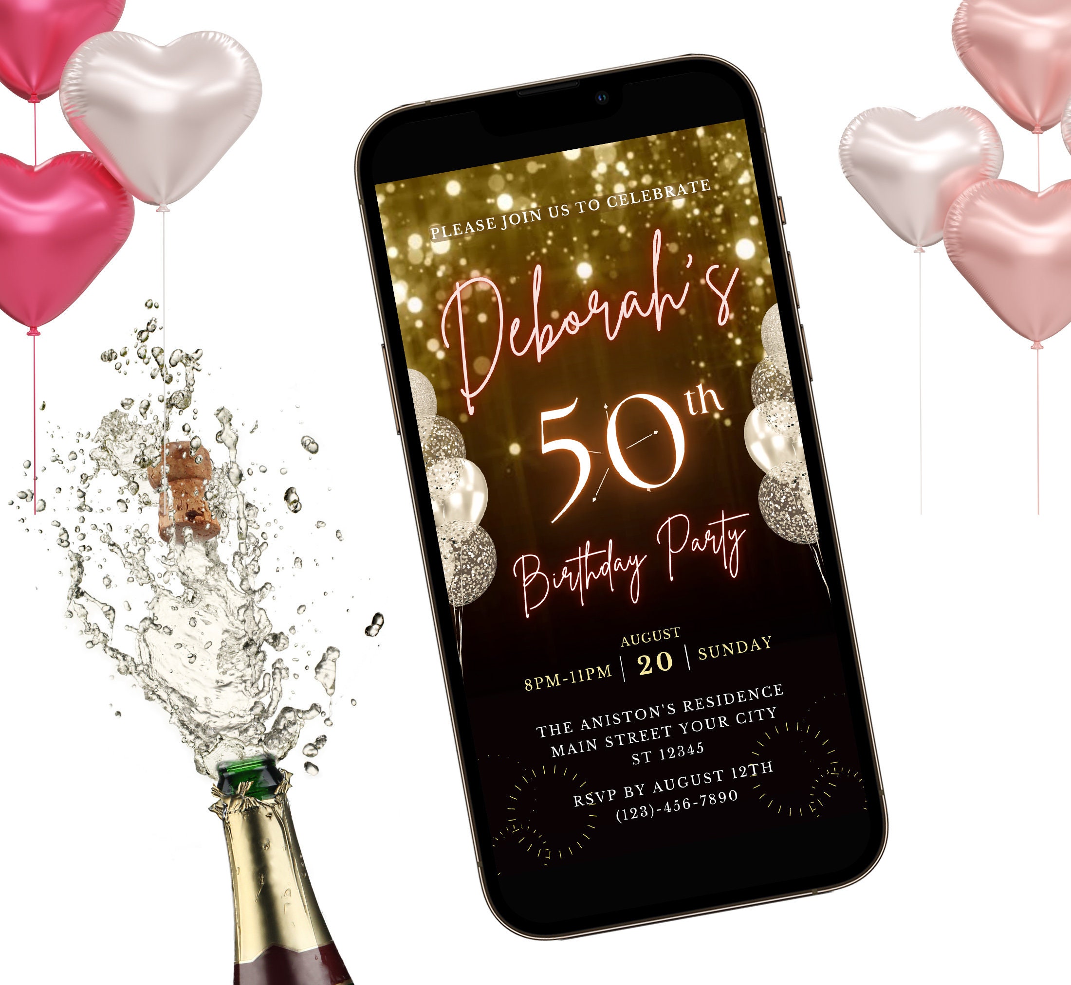 Digital Birthday Party Invitation, Birthday Dinner Phone Invite, Gold ...