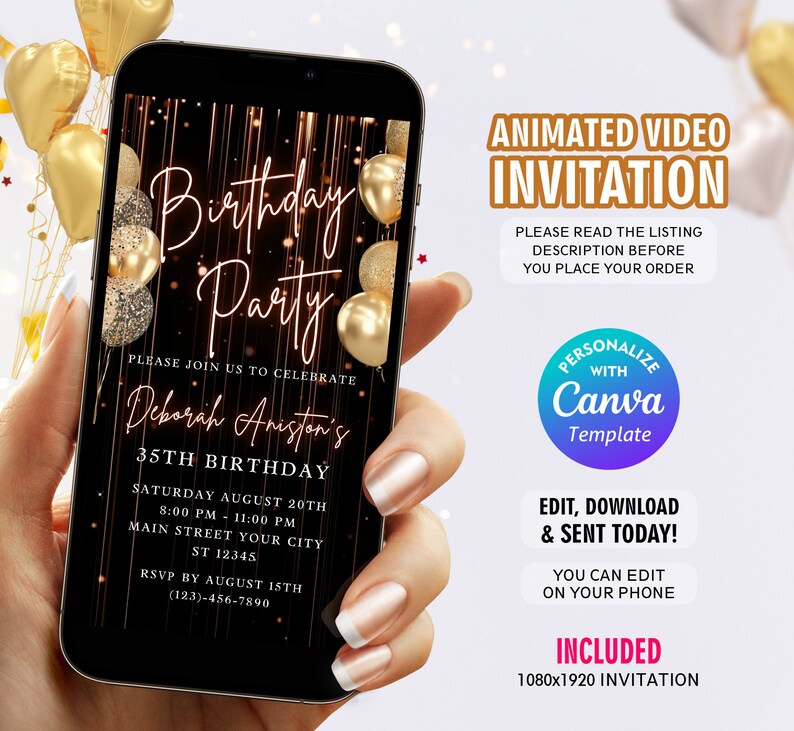 Editable Birthday Party Invitation Black Digital Text - Etsy