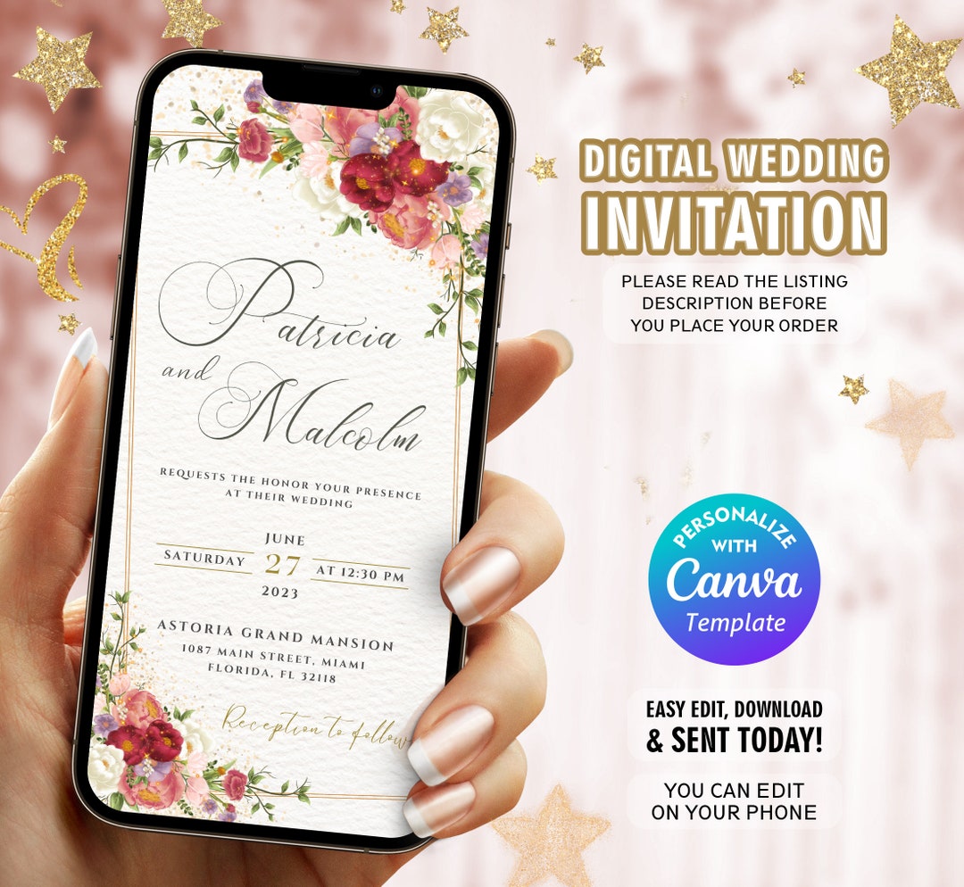 Digital Wedding Invitation Floral, Electronic Wedding Invitation ...