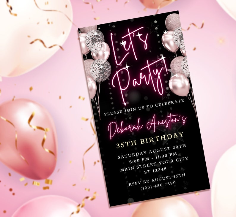 Editable Birthday Party Invitation Pink Black, Phone Evite, Digital ...