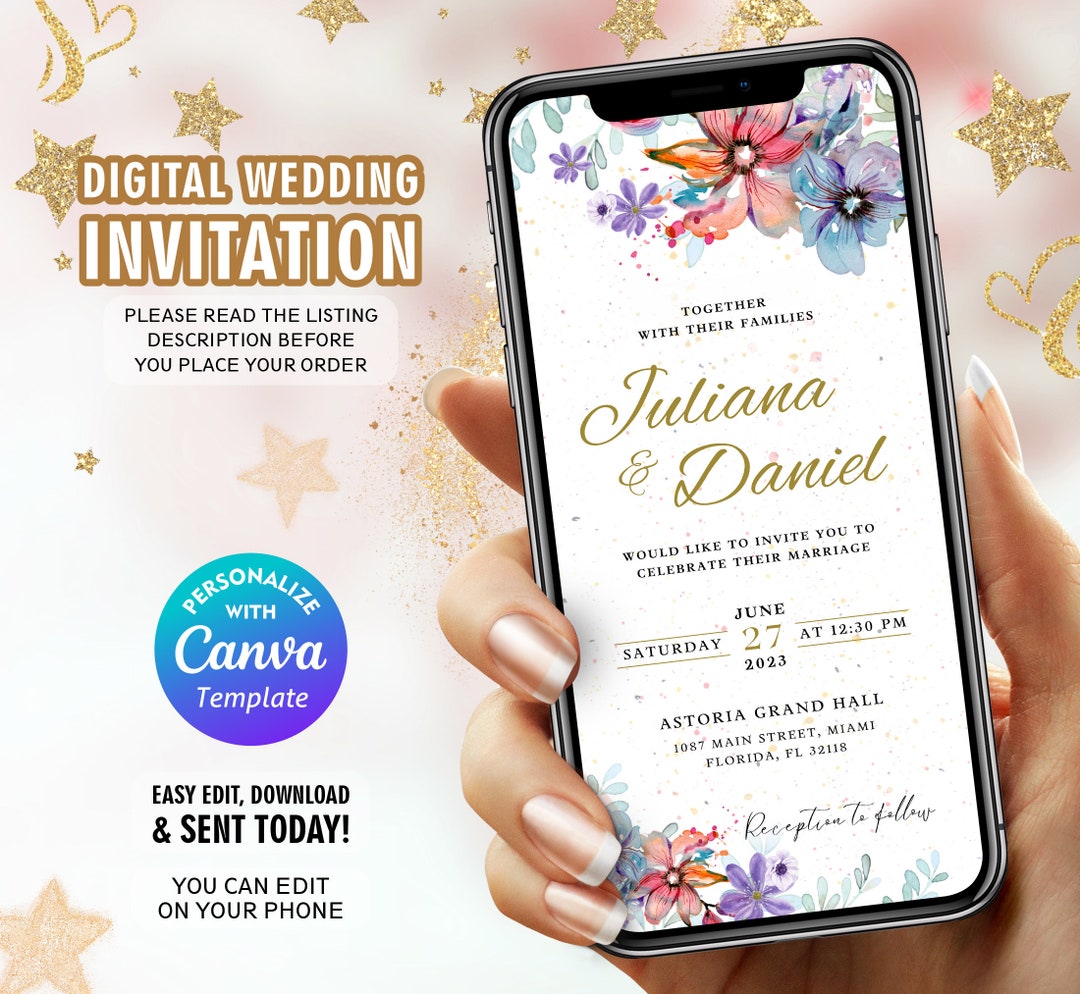 Watercolor Floral Wedding Ecard, Rustic Golden Text (digital Template ...