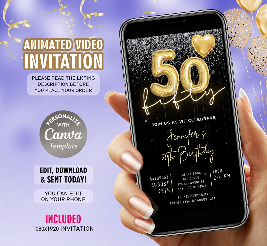 Electronic 50th Birthday Invitation, Digital Dinner Invitation, Black ...