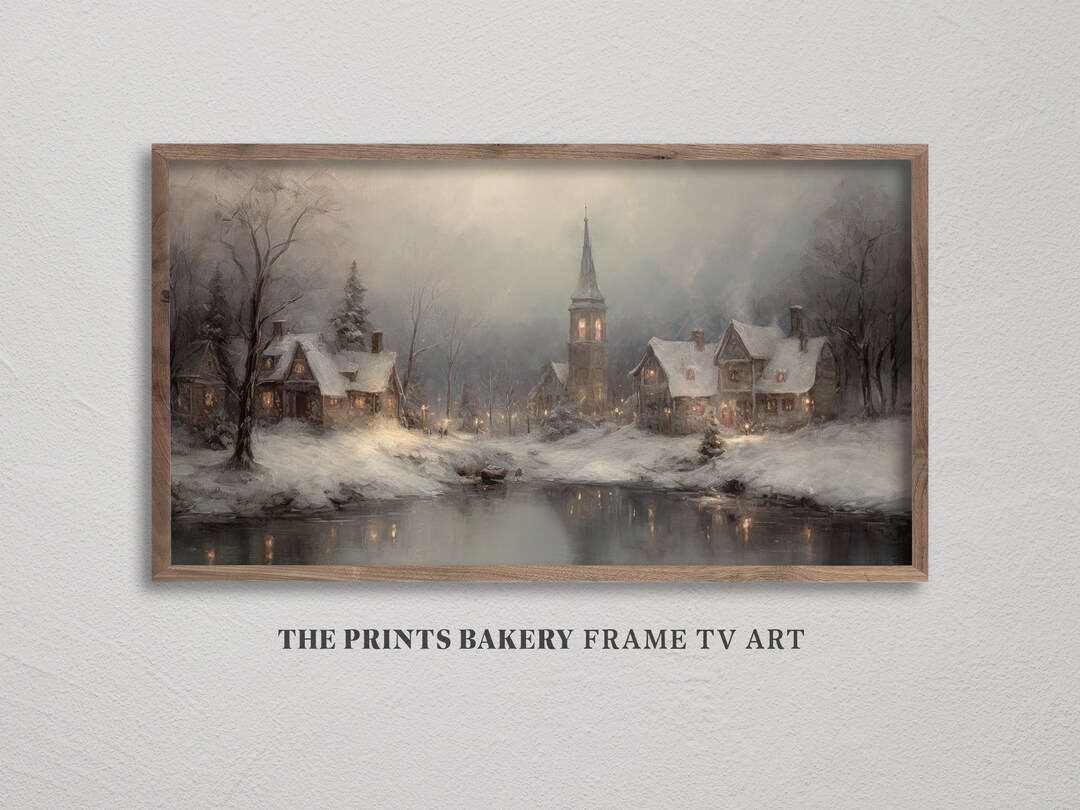 FRAME TV ART Christmas Winter Lakeside Village, Snowy Rustic Wonderland ...